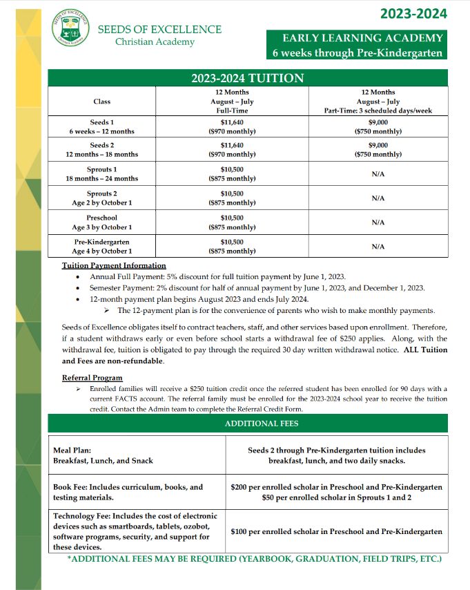 Tuition & Fees - Seeds of Excellence Christian Academy