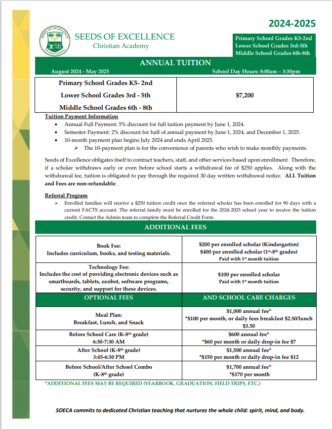 Tuition & Fees - Seeds of Excellence Christian Academy